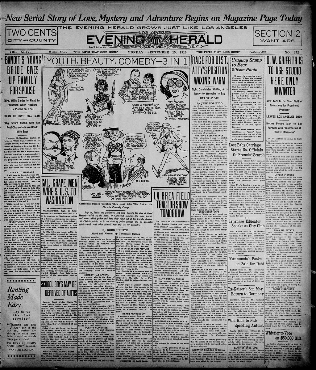 Silent film Hollywood caricatures, Los Angeles Evening Herald ...